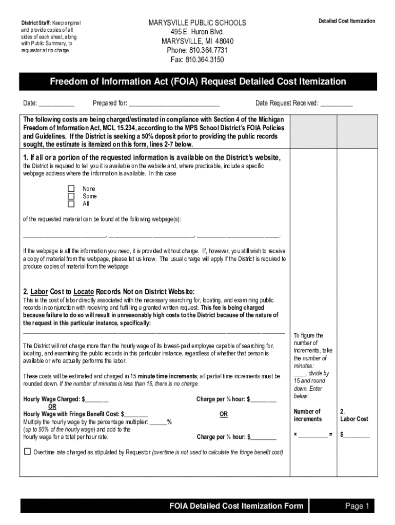 Fillable Online Foia Detailed Cost Itemization Form - Marysville Public ...