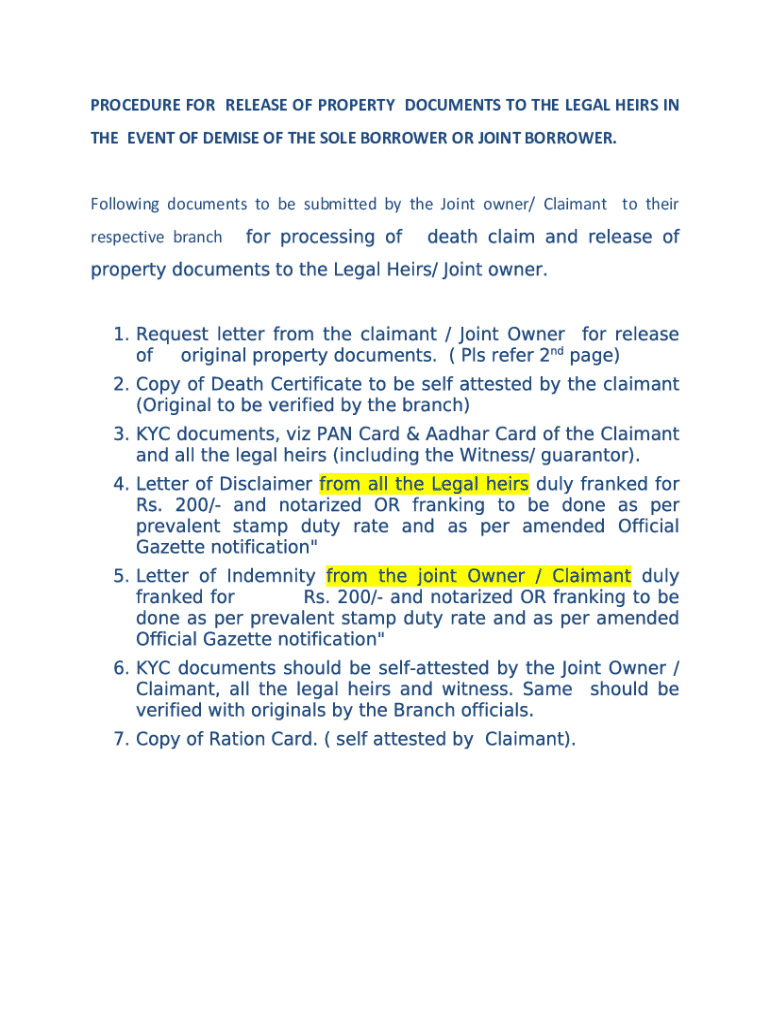 Fillable Online DEATH CLAIM REQUEST LETTER FOR RELEASE OF PROPERTY ...