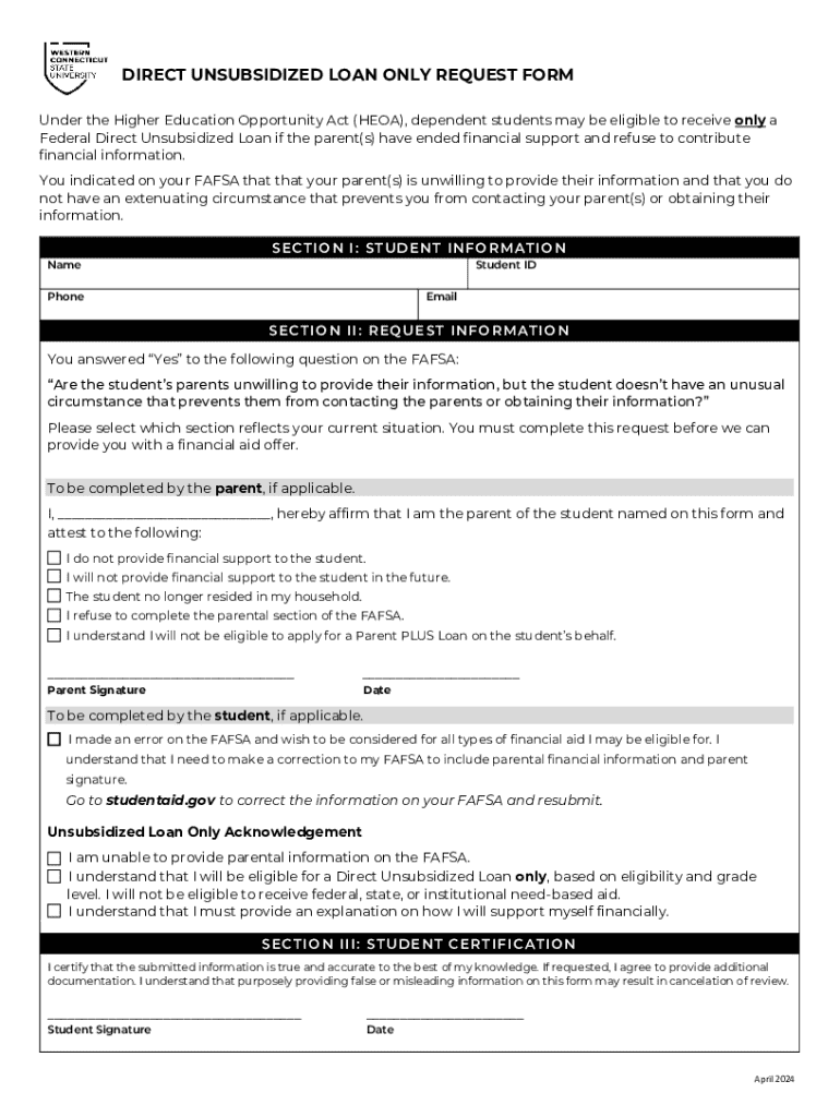 Fillable Online DIRECT UNSUBSIDIZED LOAN ONLY REQUEST FORM Fax Email ...