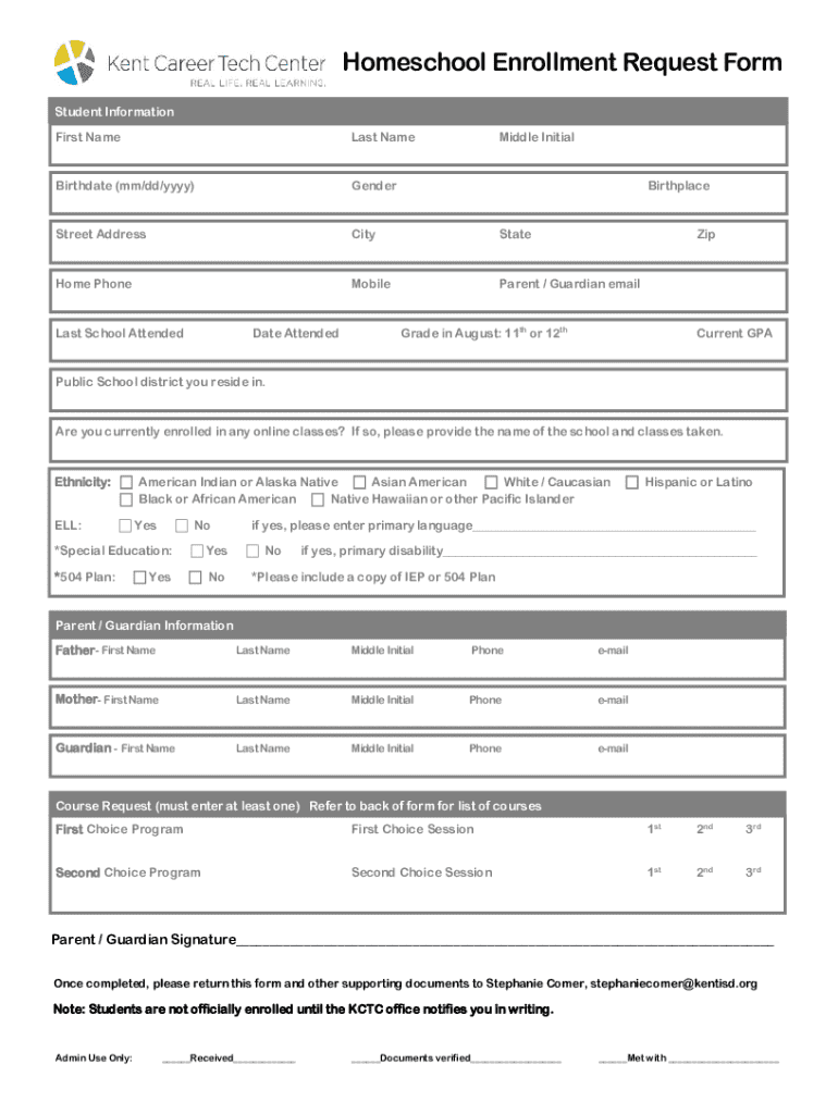 Fillable Online Homeschool Enrollment Request Form Fax Email Print ...