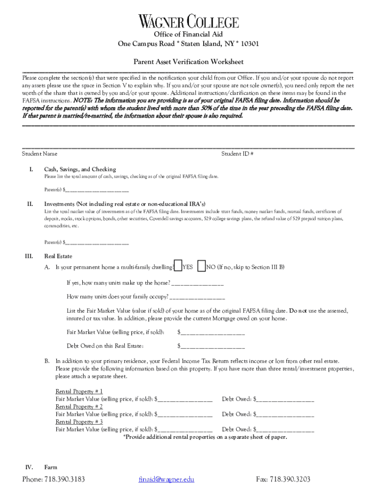 Fillable Online Student/Spouse Asset Verification Worksheet Fax Email ...