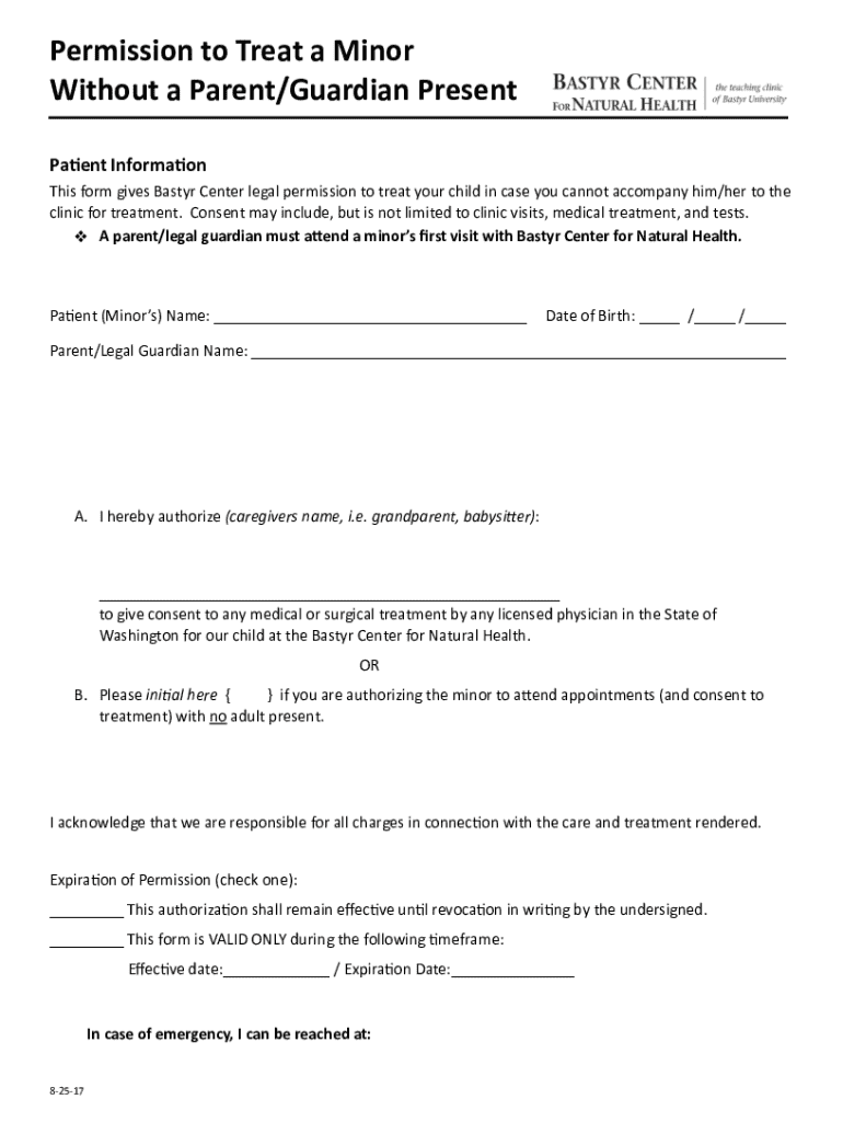 Fillable Online Permission to Treat a Minor Form Fax Email Print - pdfFiller