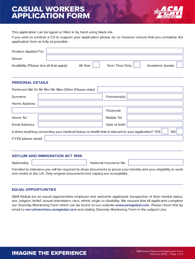 Fillable Online ASM Global Casual Workers Application Form Fax Email ...