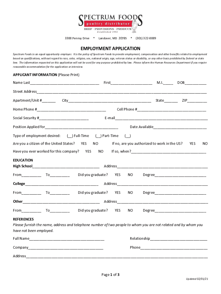 Fillable Online Spectrum Foods Employment Application Fax Email Print ...