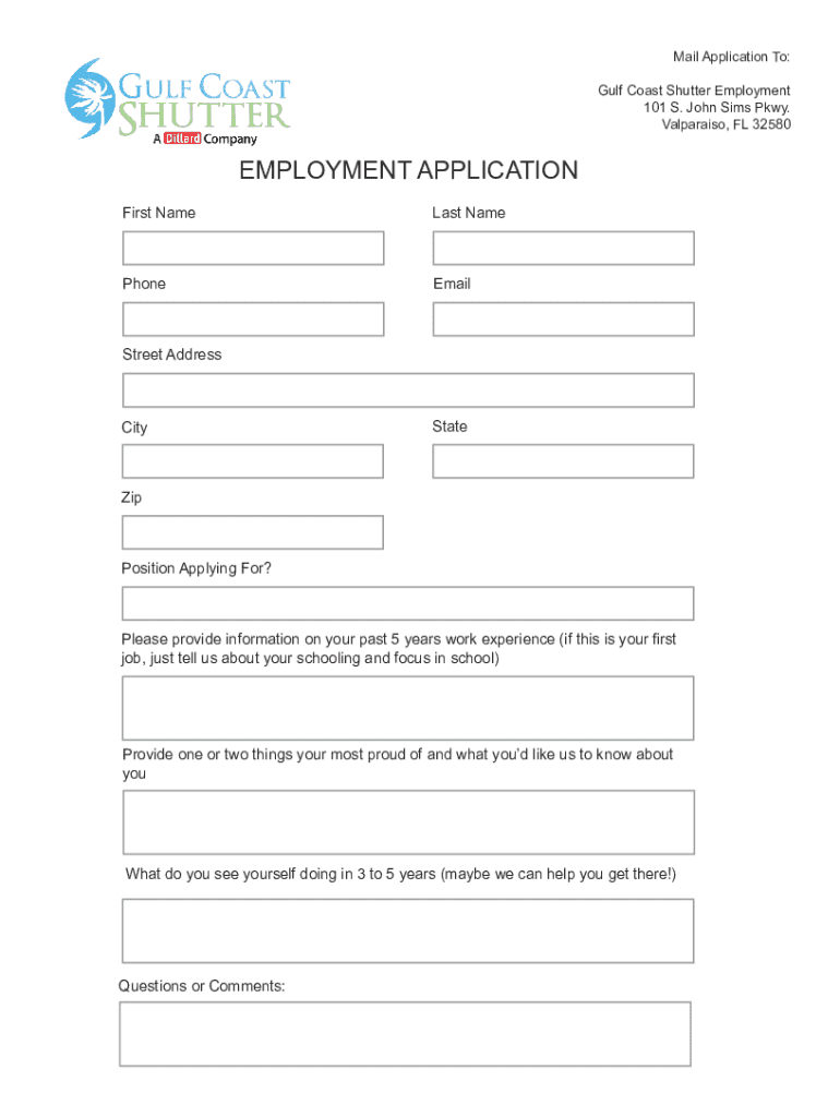Fillable Online Gulf Coast Shutter Employment Fax Email Print - pdfFiller