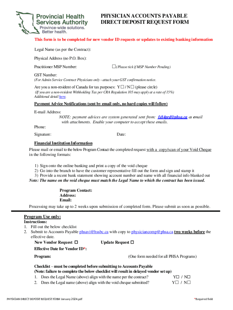 Fillable Online Physician Direct Deposit Request Form - 2024 Fax Email ...