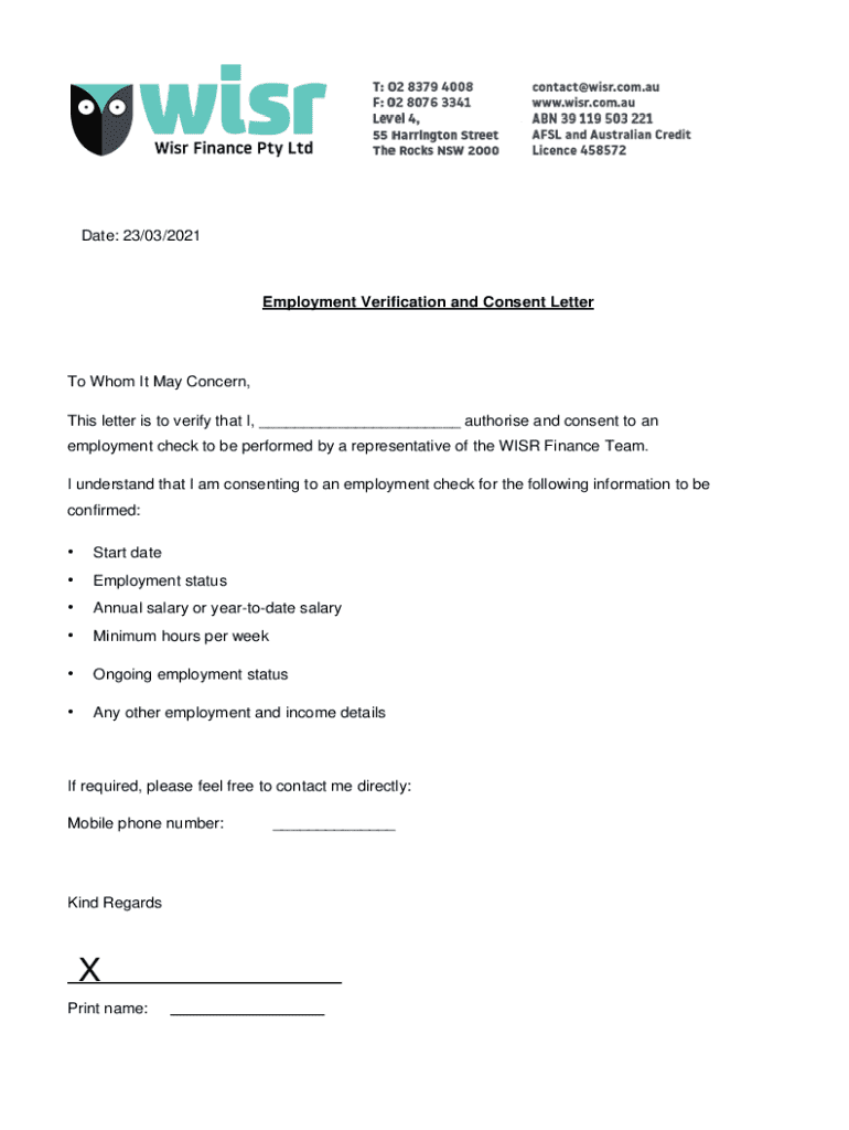 Fillable Online Employment Verification and Consent Letter Fax Email Print - pdfFiller