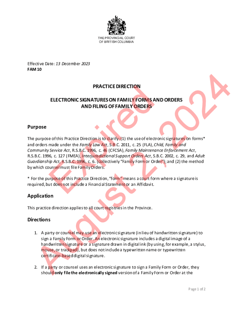 Fillable Online 2023 Practice Direction on Electronic Signatures for Family Orders Fax Email ...
