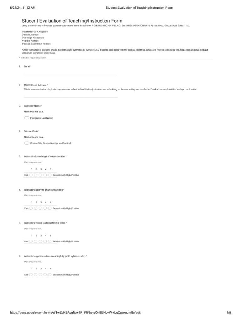Fillable Online Student Evaluation of Teaching/Instruction Form - Google Forms Fax Email Print ...