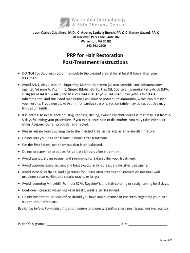 Fillable Online PRP for Hair Restoration Post-Treatment Instructions ...