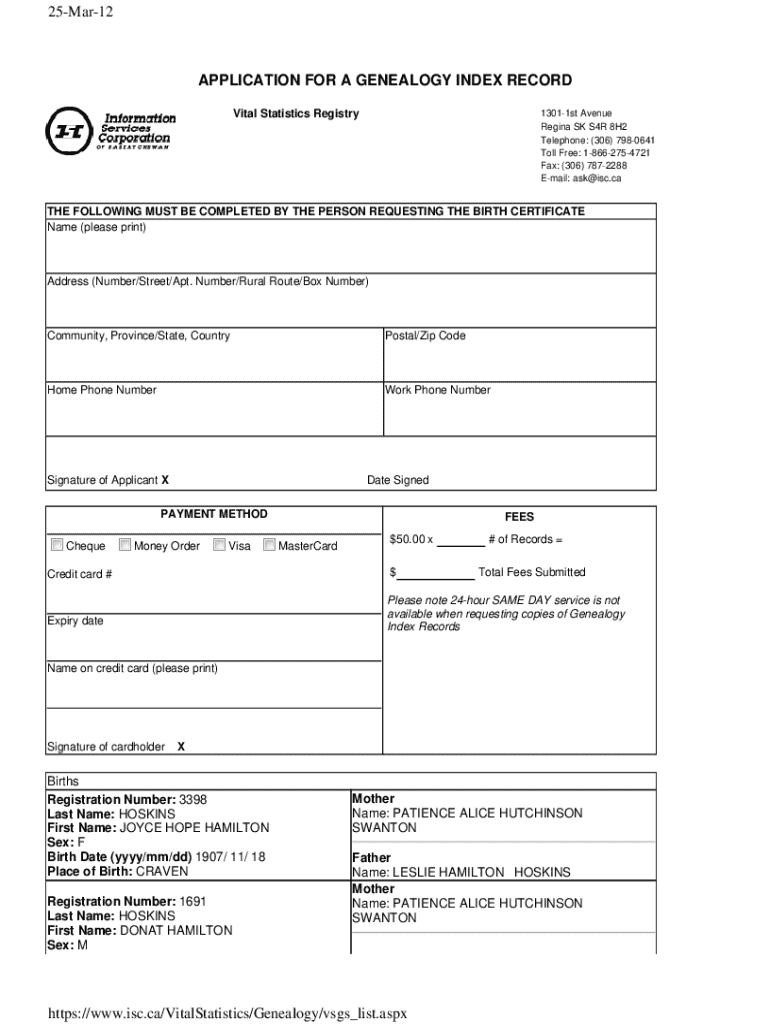 Fillable Online application for a genealogy index record - My Family ...
