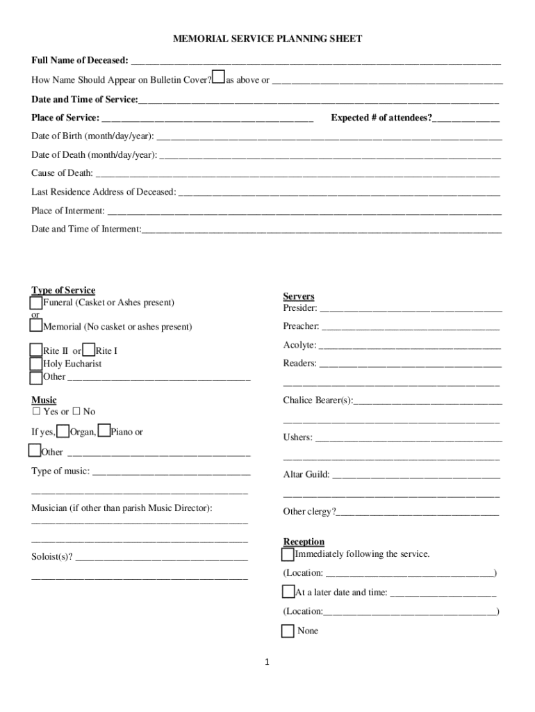 Fillable Online 1 MEMORIAL SERVICE PLANNING SHEET Full Name of ... Fax ...
