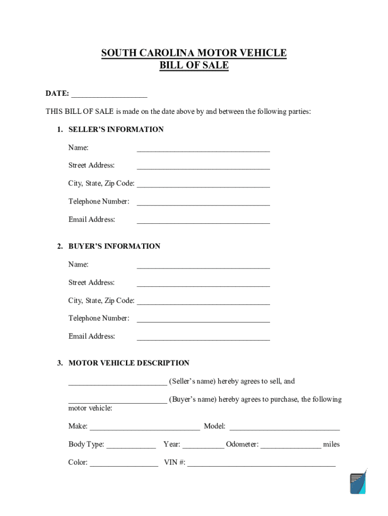 Fillable Online South Carolina Motor Vehicle Bill of Sale Form - eForms ...