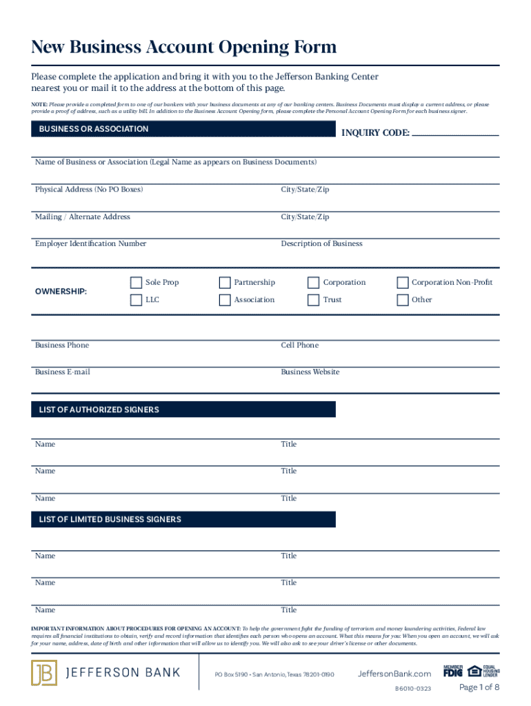 Fillable Online new account opening form BUSINESS - Jefferson Bank Fax Email Print - pdfFiller