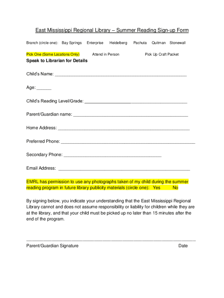 Fillable Online East Mississippi Regional Library Summer Reading Sign ...