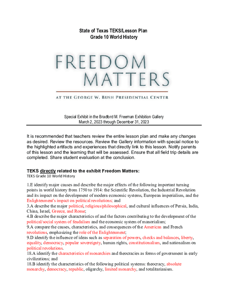 Fillable Online State of Texas TEKS/Lesson Plan Grade 10 World History ...