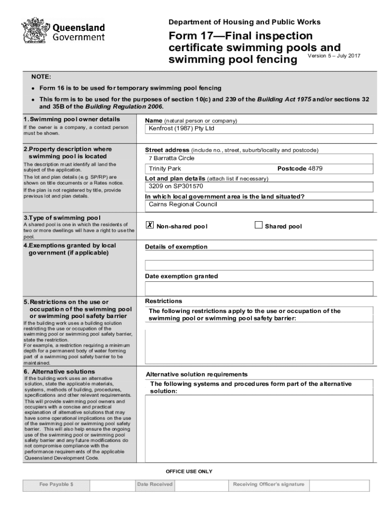 Fillable Online Form 17Final inspection certificate swimming pools and ... Fax Email Print ...