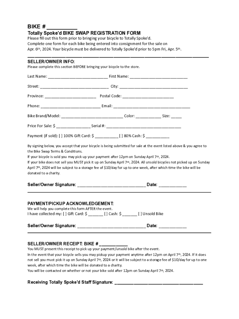 Fillable Online Totally Spoke\'d BIKE SWAP REGISTRATION FORM Fax Email ...
