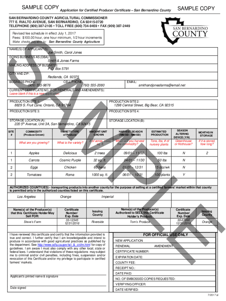 Fillable Online SAMPLE COPY Application for Certified Producer Certificate San Bernardino County ...