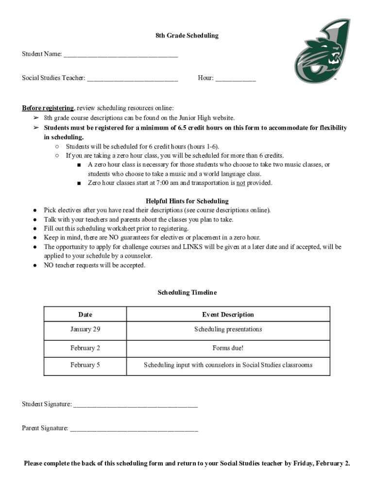 Fillable Online 8th grade scheduling form Fax Email Print - pdfFiller