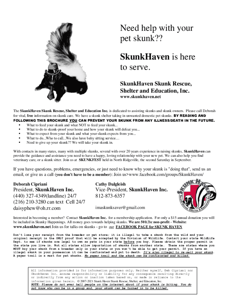 Fillable Online Skunk Haven Skunk Rescue Shelter And Education Inc Fax ...