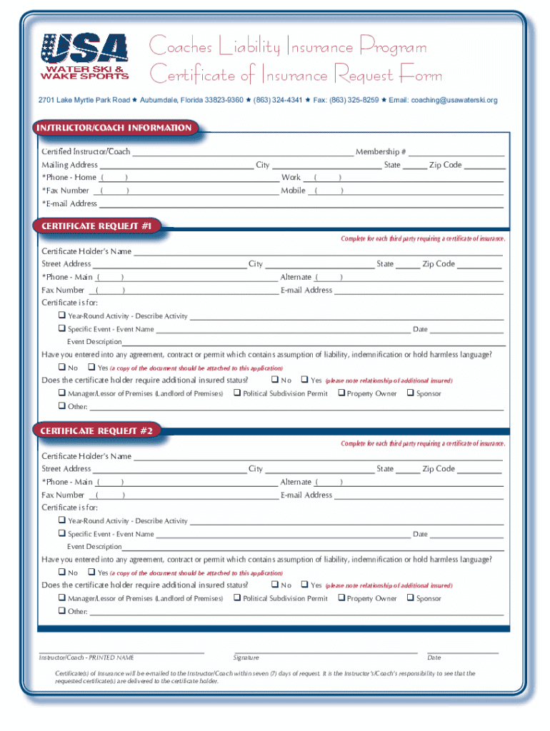 Fillable Online Coaches Liability Insurance Program Certificate of ...