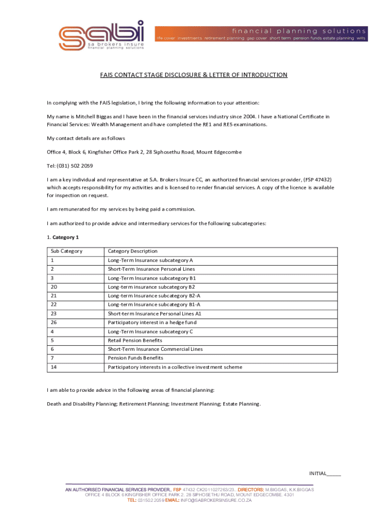 Fillable Online FAIS CONTACT STAGE DISCLOSURE & LETTER OF ... Fax Email ...