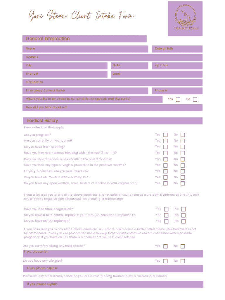 Fillable Online Yoni Therapys Vaginal Steam Intake Form Template Fax ...