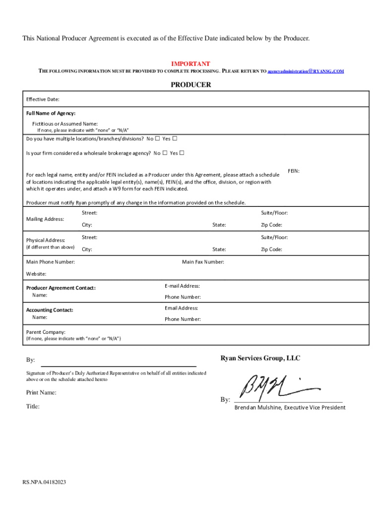 Fillable Online Fillable Online NATIONAL PRODUCER AGREEMENT. Fill ...