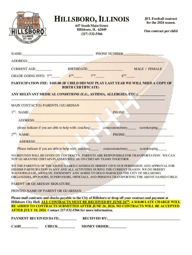 Fillable Online Hillsboro Jr Toppers FootballJFL contracts are due at ...