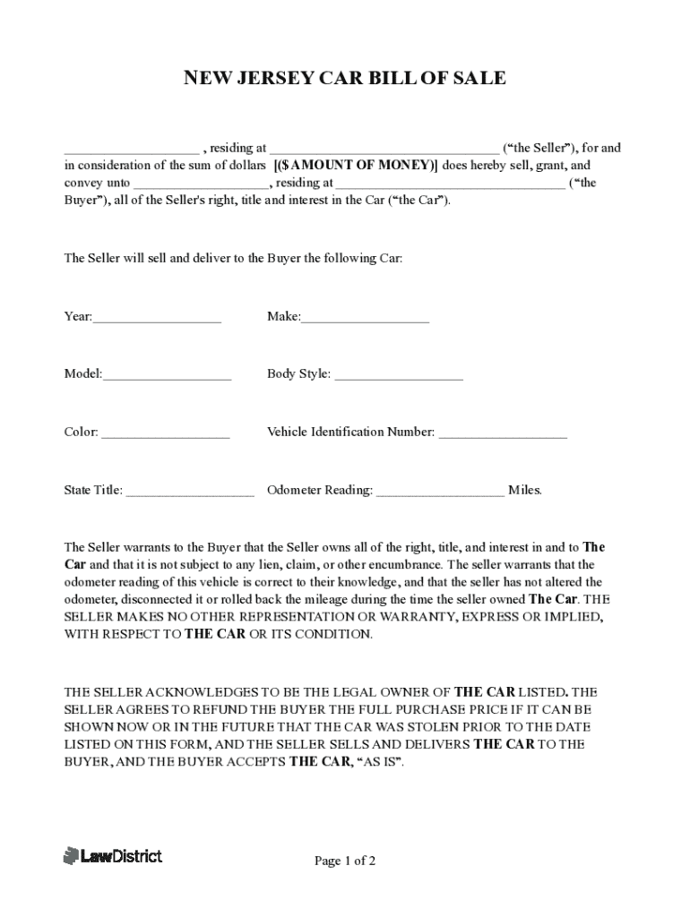 Fillable Online New Jersey Bill of Sale of Motor Vehicle / Automobile ...