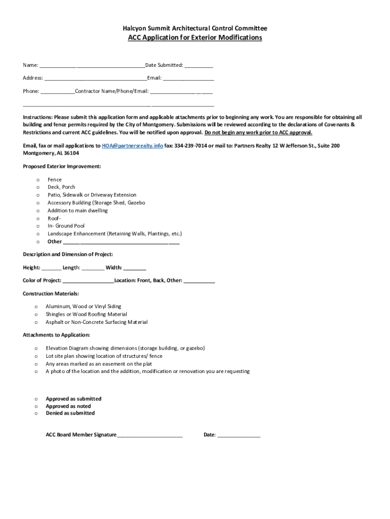 Fillable Online ACC Application for Exterior Modifications Fax Email ...