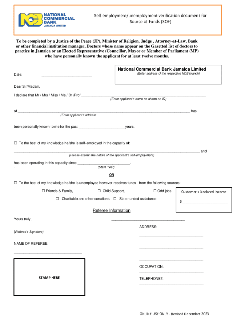 Fillable Online Self-employment/unemployment verification document for ...