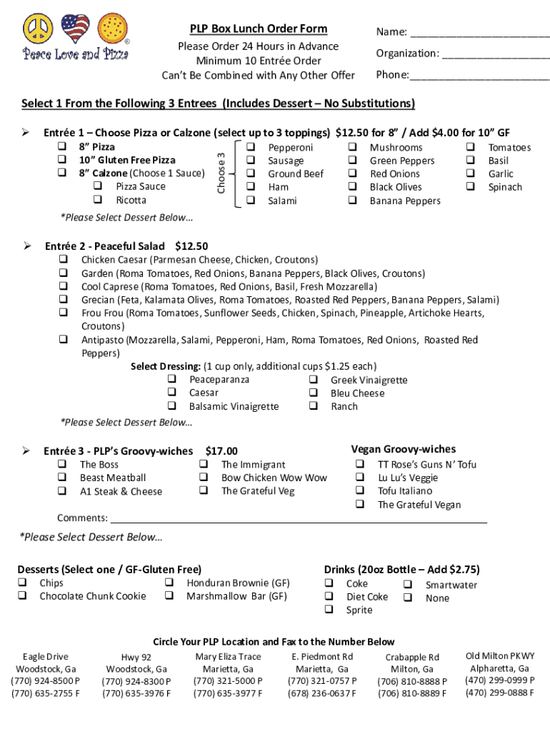 Fillable Online PLP Box Lunch Order Form Select 1 From the Following 3 ...