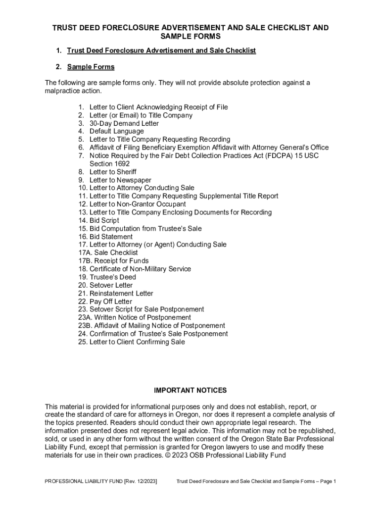 Fillable Online Trust Deed Foreclosure Checklist and Sample ... Fax ...