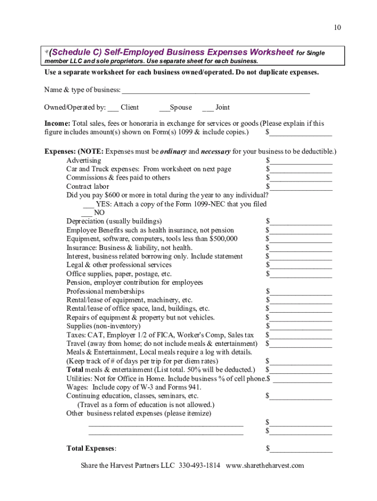Fillable Online (Schedule C) Self-Employed Business Expenses Worksheet ...