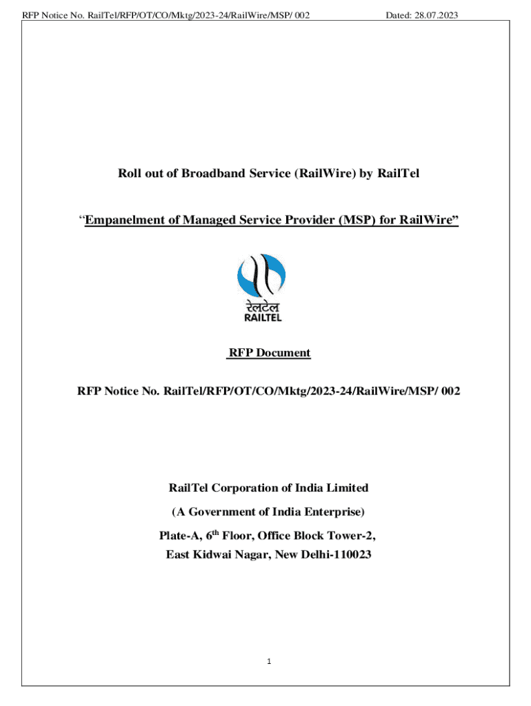 Fillable Online Broadband InternetRailWire - RailTel\'s Express Network ...