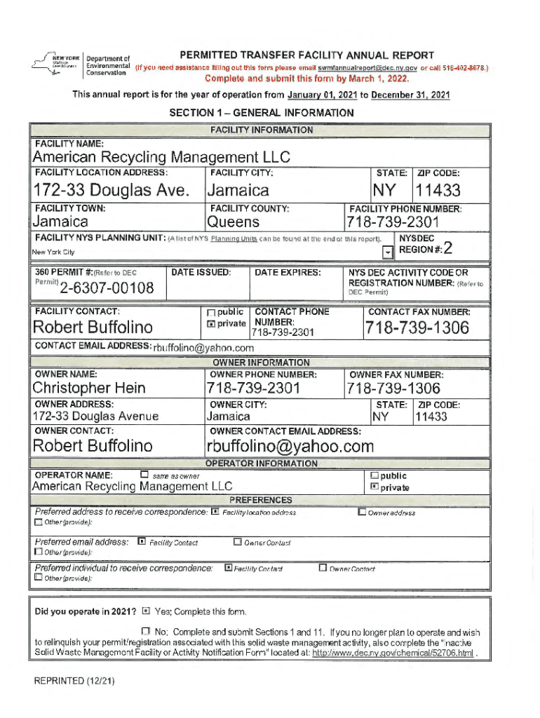 Fillable Online American Recycling Management Transfer Facility Annual Report. Permitted ...