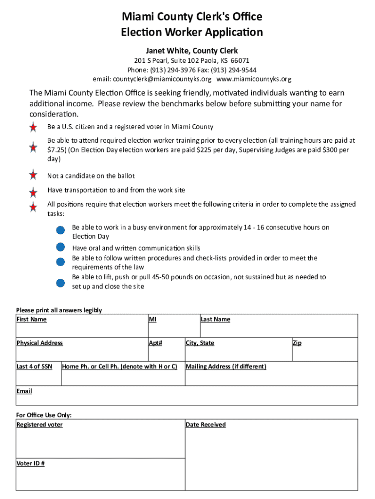 Fillable Online Miami County Clerk\'s Office Election Worker ...