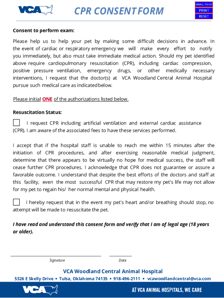 Fillable Online CPR CONSENT FORM - VCA Woodland Central Animal ...