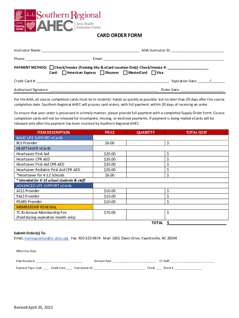 Fillable Online 2022 Aha Card Order Form for Bls, Heartsaver, and ...