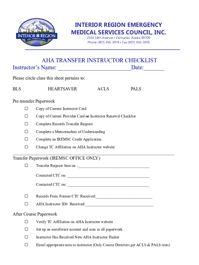 Fillable Online AHA TRANSFER INSTRUCTOR CHECKLIST Fax Email Print ...