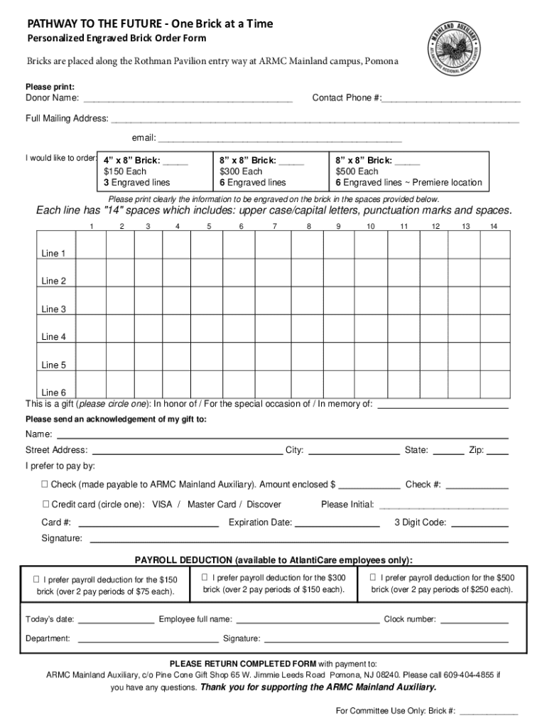 Fillable Online Engraved Brick Order Form for Armc Mainland Auxiliary ...