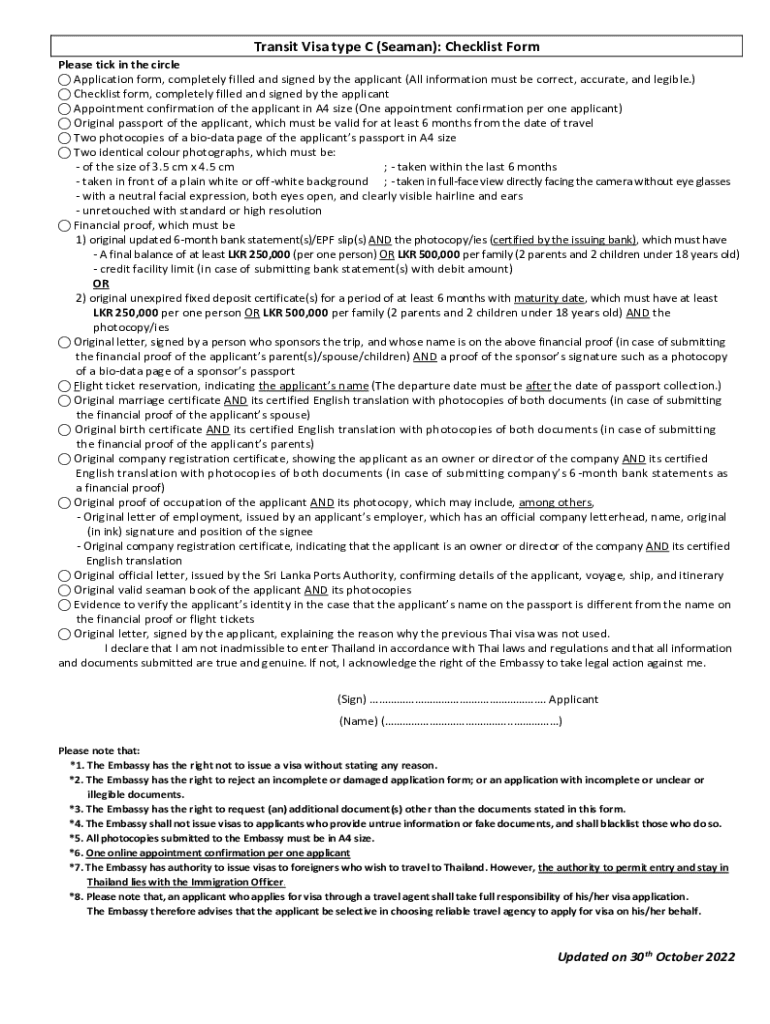 Fillable Online Transit Visa Checklist for Seamen 2022 - Essential ...