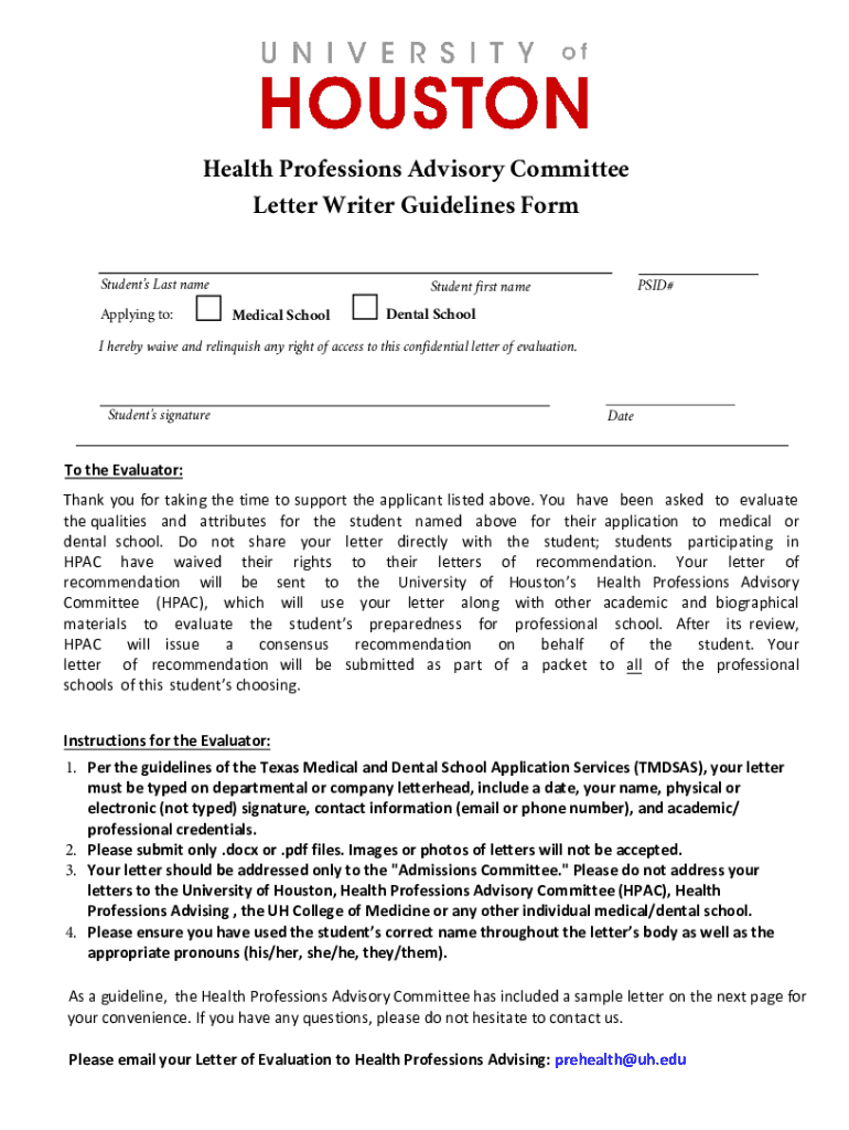 Fillable Online Health Professions Advisory Committee Letter Writer ...