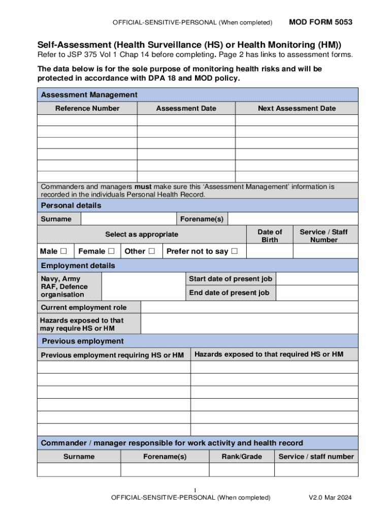 Fillable Online MOD Form 5053 - Self-Assessment (Health Surveillance ...