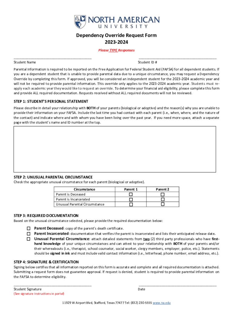 Fillable Online Dependency Override Request Form 2023-2024 Fax Email Print - pdfFiller