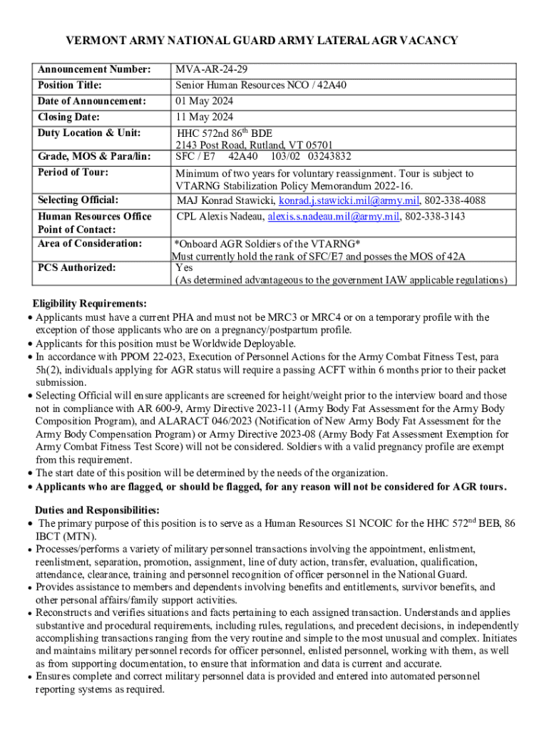 Fillable Online VERMONT ARMY NATIONAL GUARD ARMY LATERAL AGR VACANCY ...