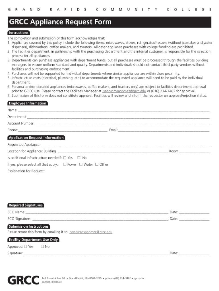 Fillable Online Appliance Request Form. Form requesting college funded ...