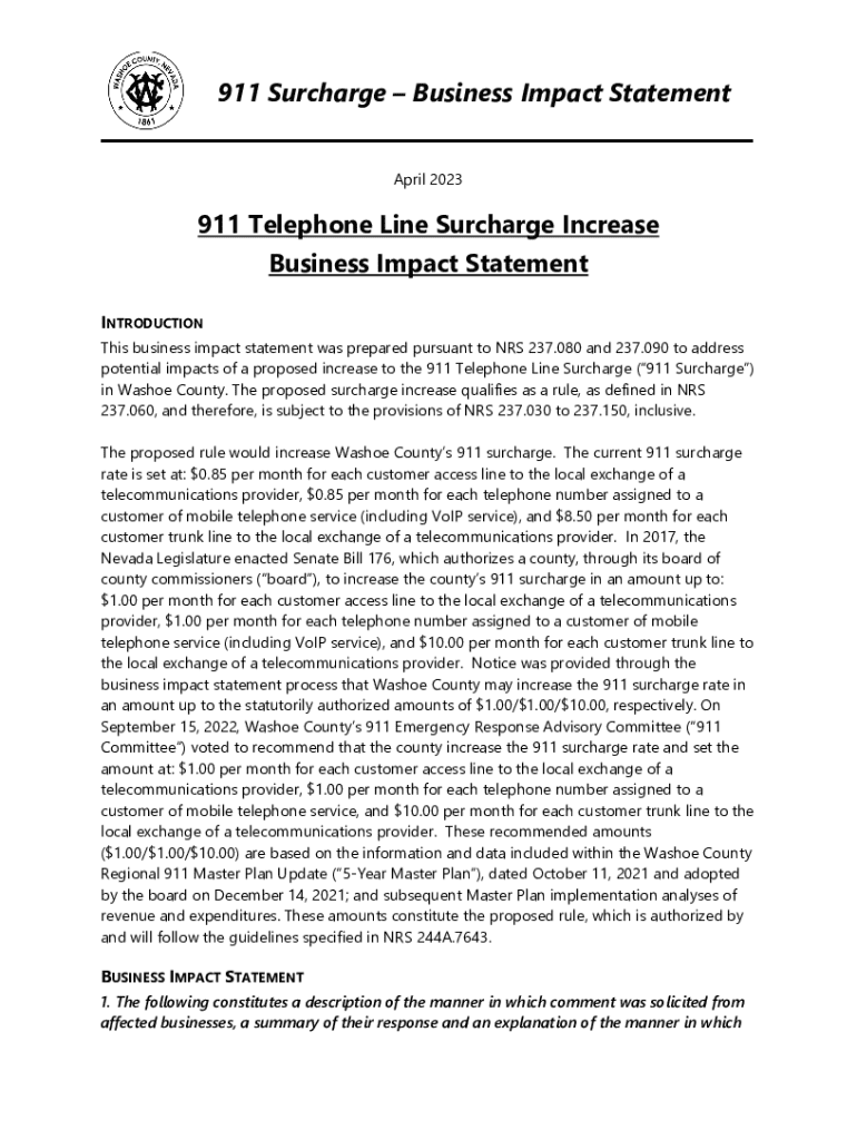 Fillable Online 911 SurchargeBusiness Impact Statement Fax Email Print ...